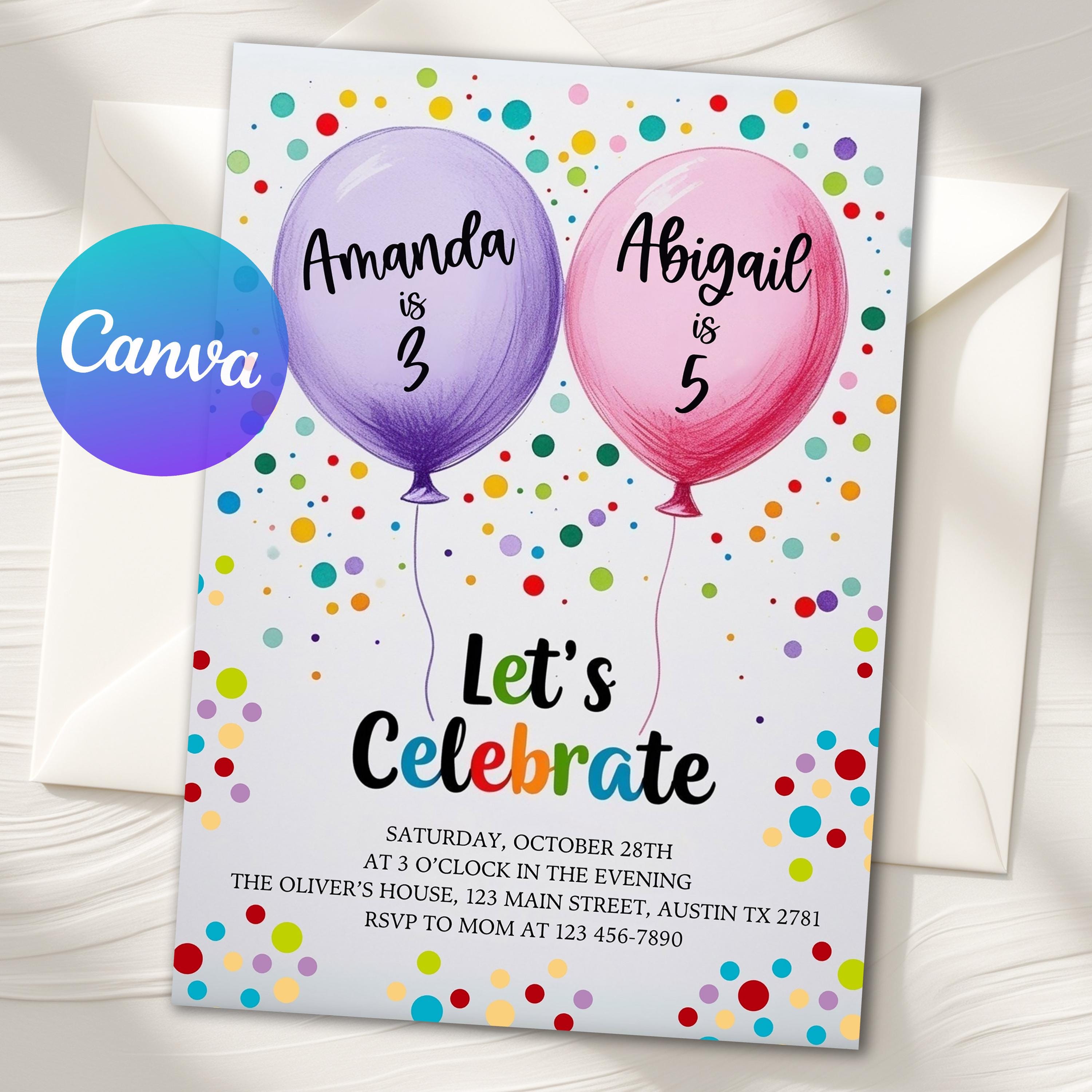 Join Party Birthday Invitation, Siblings Birthday Party, Double ...