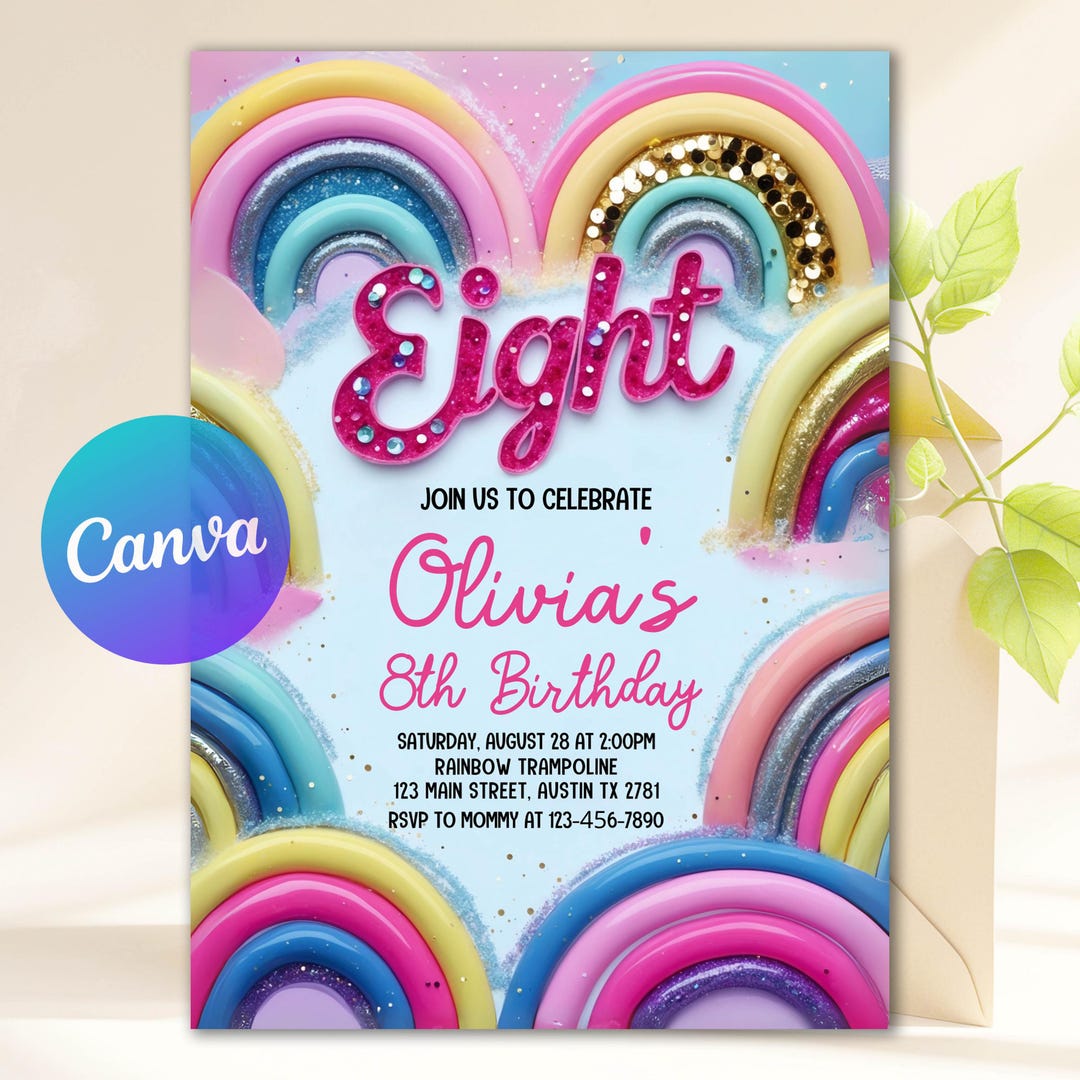 8th Birthday Invitation Girl, 8th Rainbow Birthday Editable Invite, 8th ...