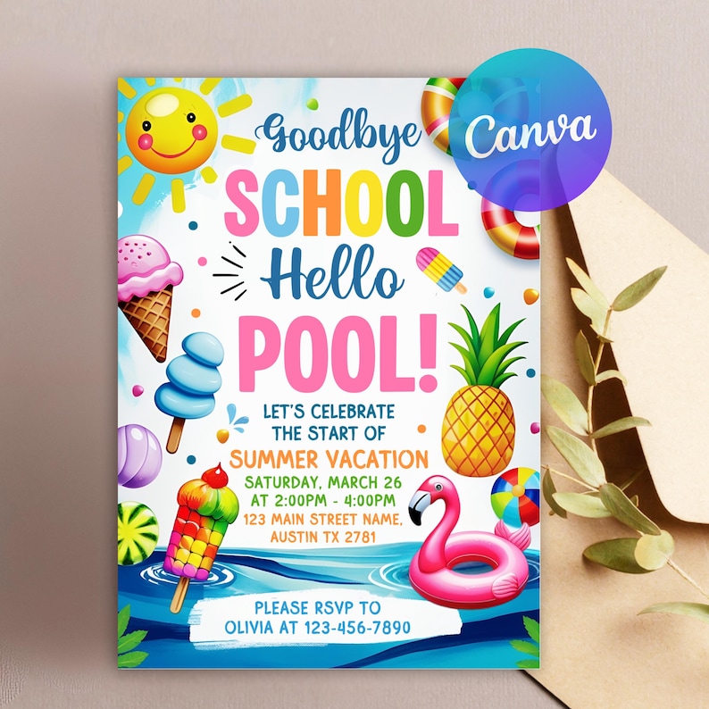 Goodbye School Hello Pool Invitation Template, Printable End of School ...