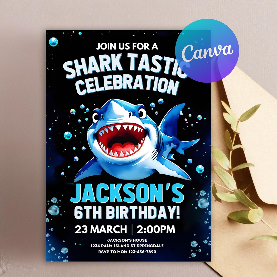 Editable Shark Invitation, Shark Invites, Boy Invitation, Shark ...