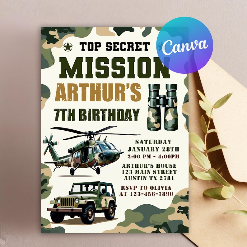 Army Birthday Invitation for Kids, Editable Military Party Invite ...