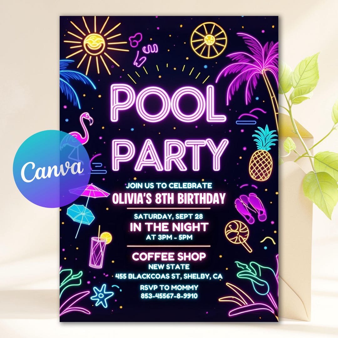 Neon Pool Party Invitation, Summer Birthday Party, Splish Splash, Neon ...