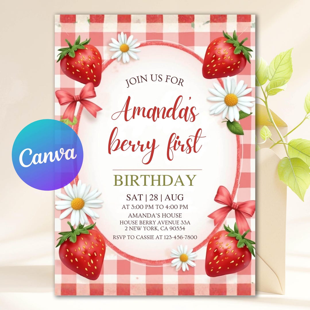 Berry First Birthday Invitation Template, Printable Strawberry Birthday ...