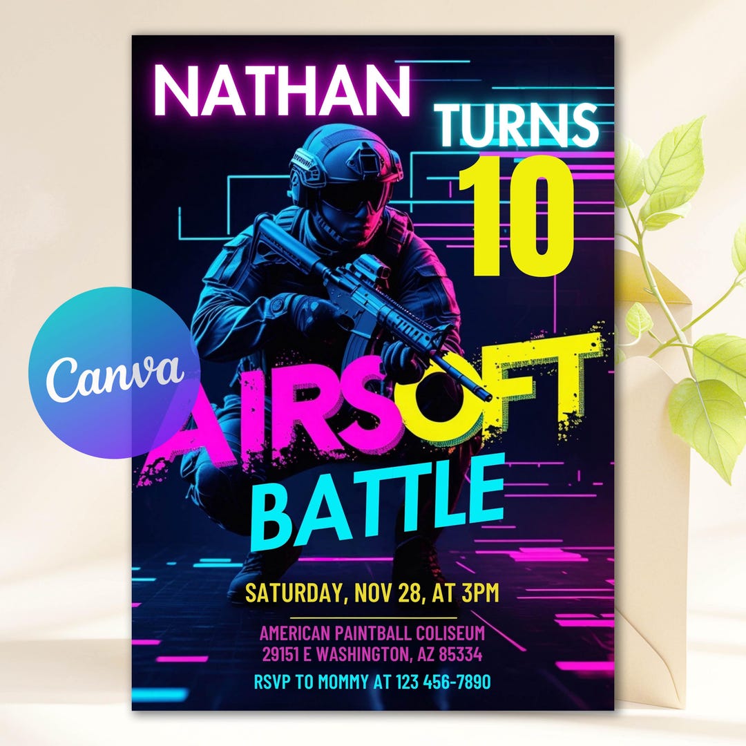 Airsoft Battle Birthday Invitation, Airsoft Party Invite, Boys Birthday ...