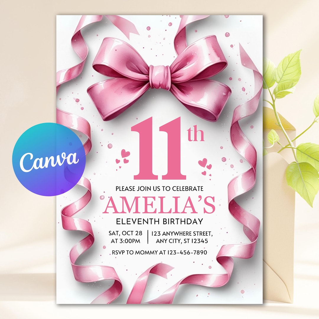 Pink Bow Birthday Invite, Girls 11th Birthday Invitation, Pink Ribbon ...