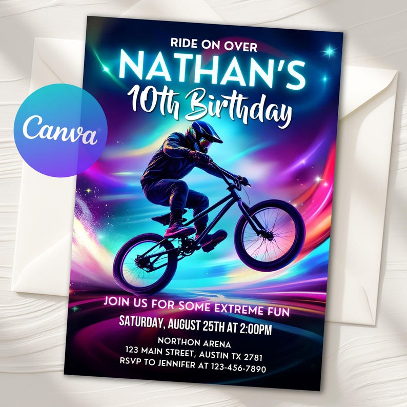 Boys BMX Bike Party Invitation, Mountain Bike Party Invite, BMX Bike ...