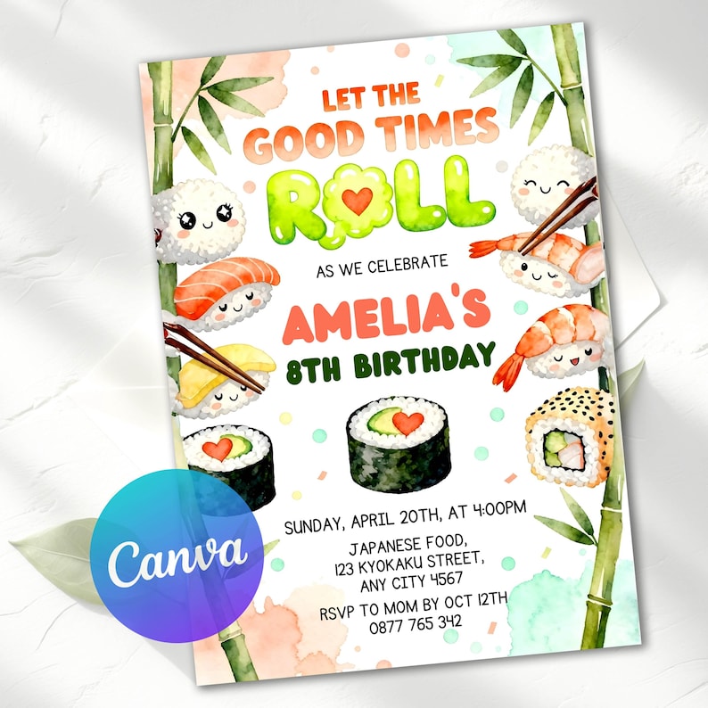 Editable Sushi Party Invitation, Japanese Themed Birthday Invitation ...