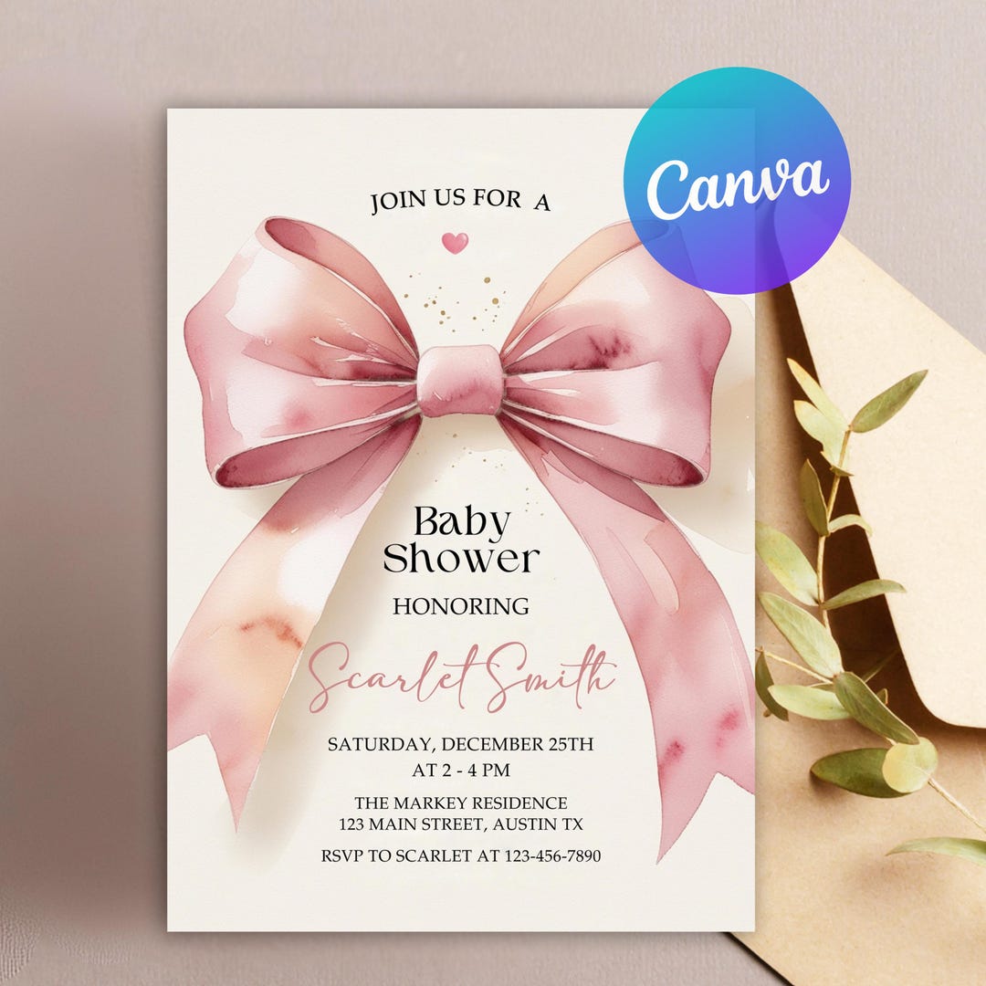 Modern Blush Pink Bow Baby Shower Invitation, Elegant Pink Baby Shower ...