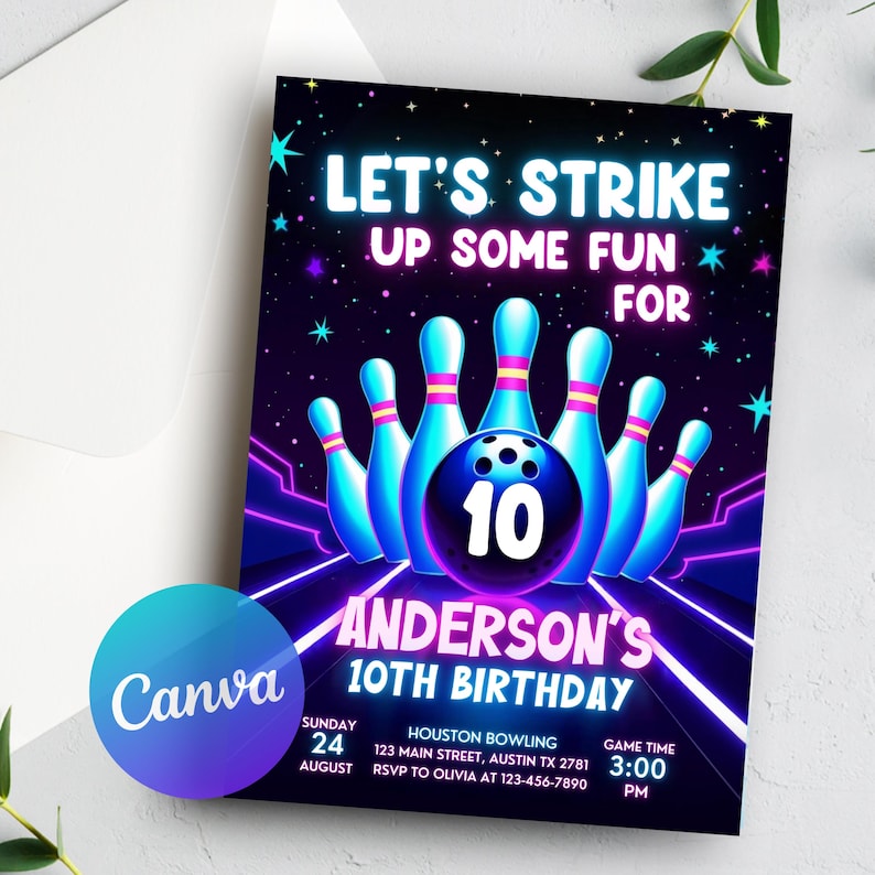 Bowling Birthday Party Invitation Template, Glow Bowling Invitation ...