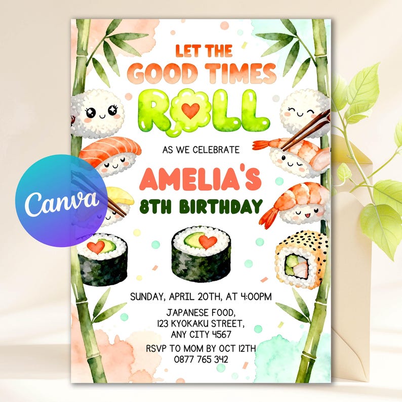 Editable Sushi Party Invitation, Japanese Themed Birthday Invitation ...