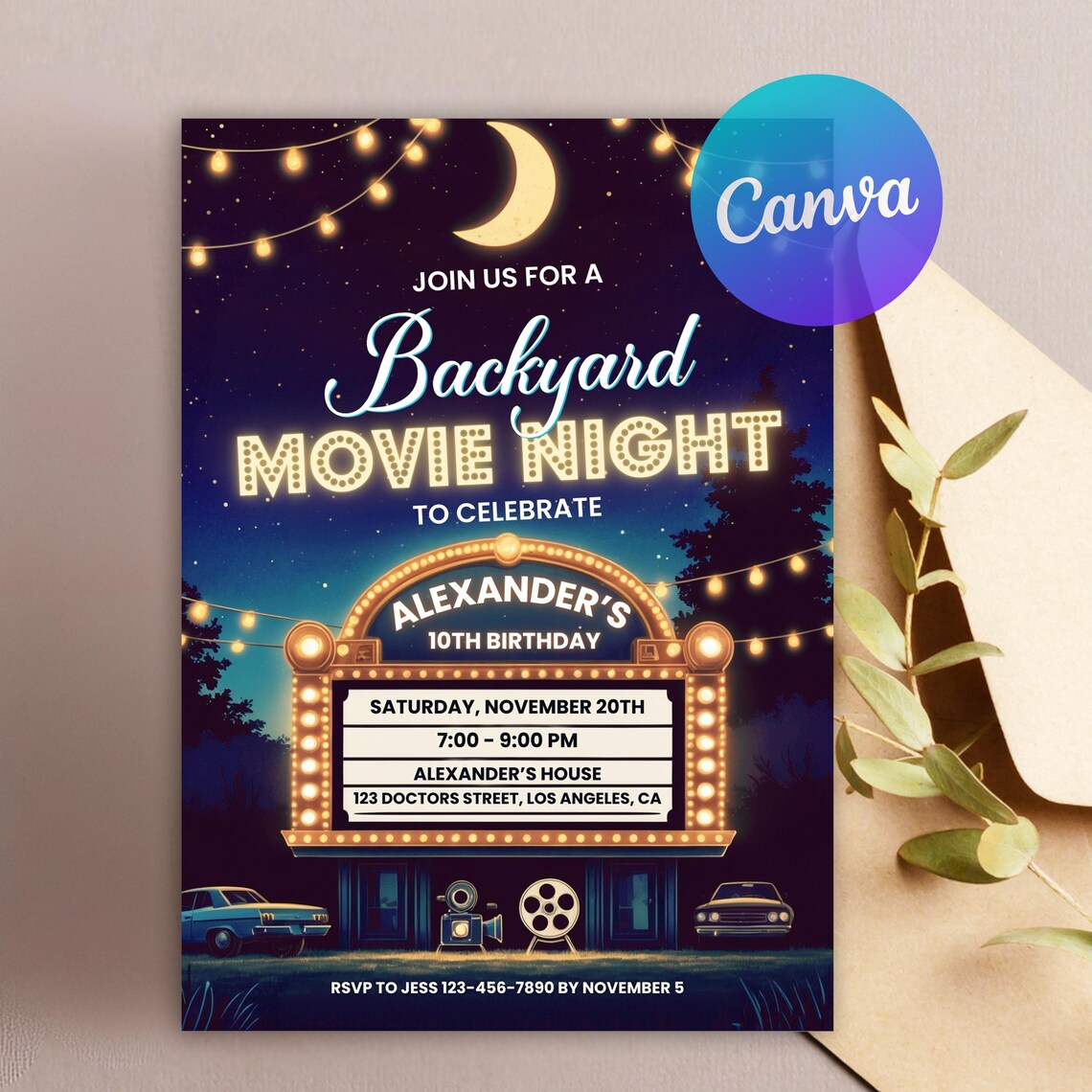 Editable Backyard Movie Night Birthday Party Invitation, Cinema ...