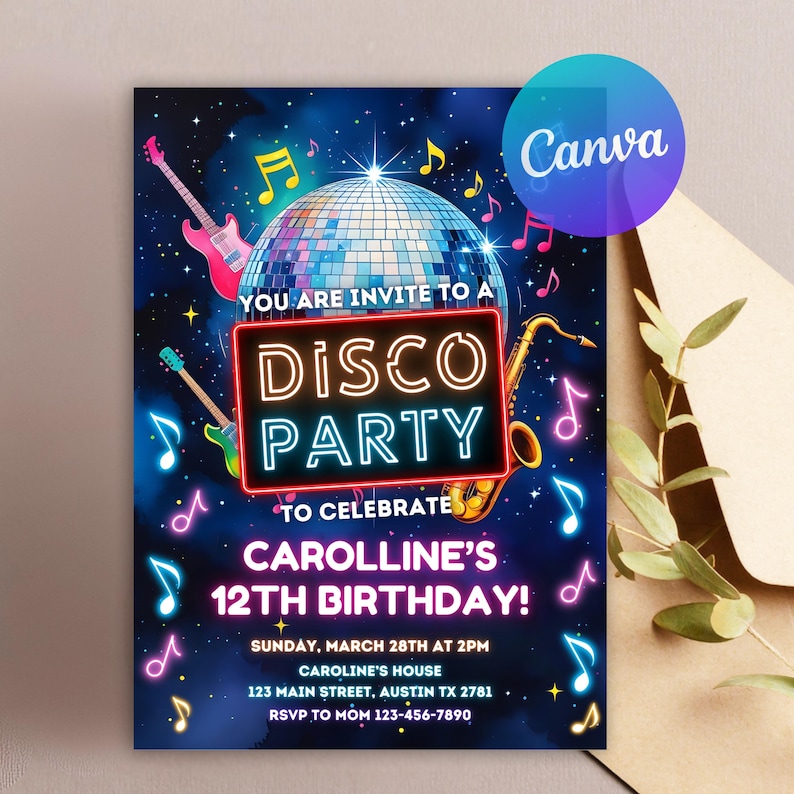 Editable Disco Party Birthday Invitation, Dance Party Template, Neon ...