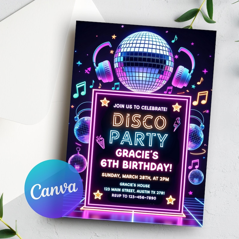 Editable Disco Party Birthday Invitation, Disco Ball Birthday, Neon ...