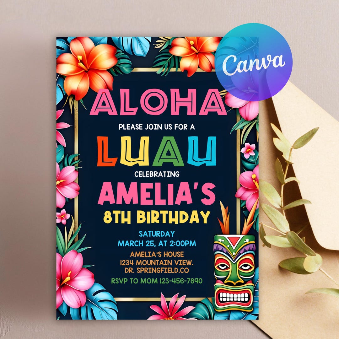 Aloha Tropical Party Invitation, Luau Birthday Invitation, Hawaiian ...