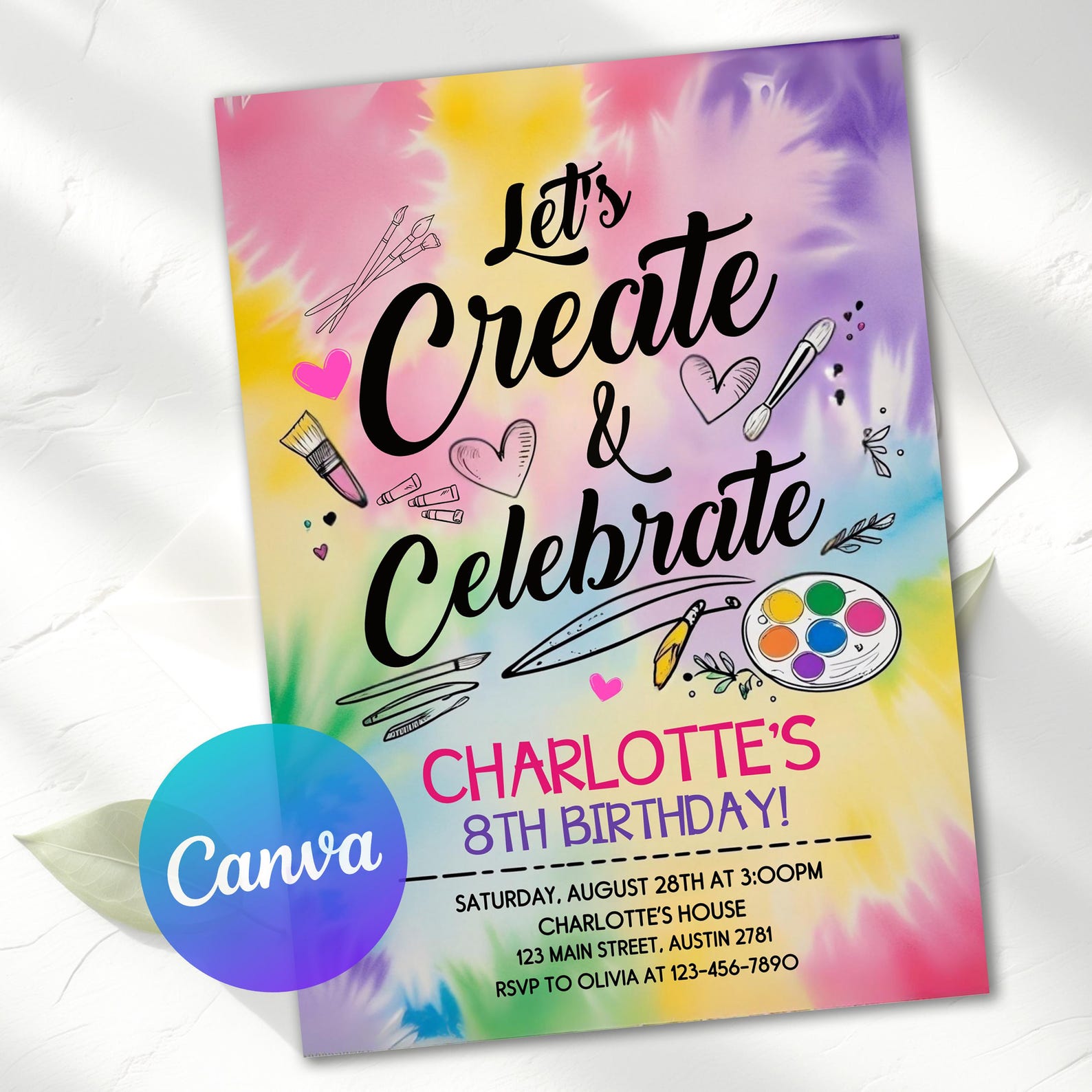 Editable Art Birthday Party Invitation, Tie Dye Arts and Crafts ...