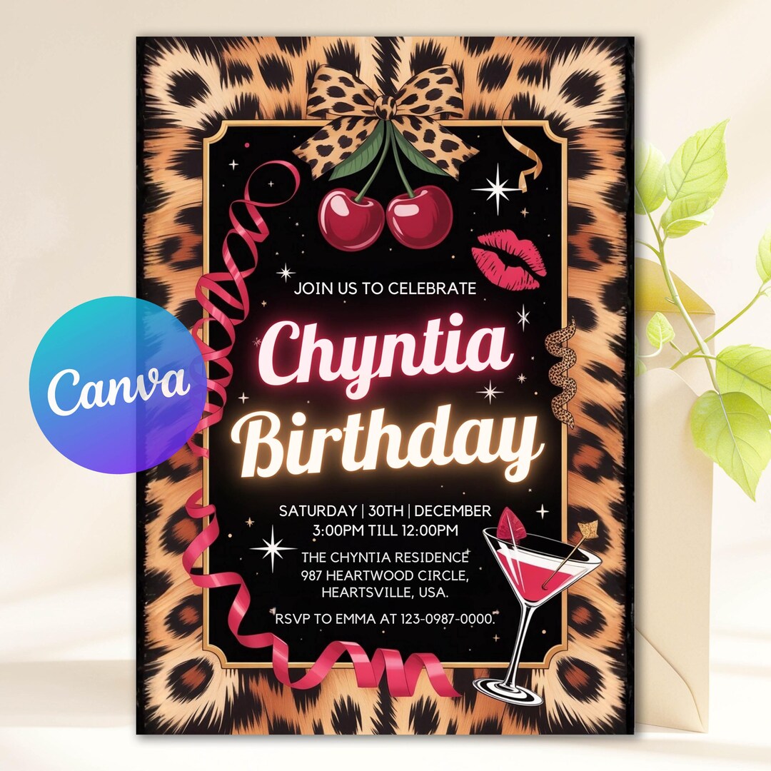 Cheetah Cherries Birthday Invitation, Leopard Print Birthday Invite ...