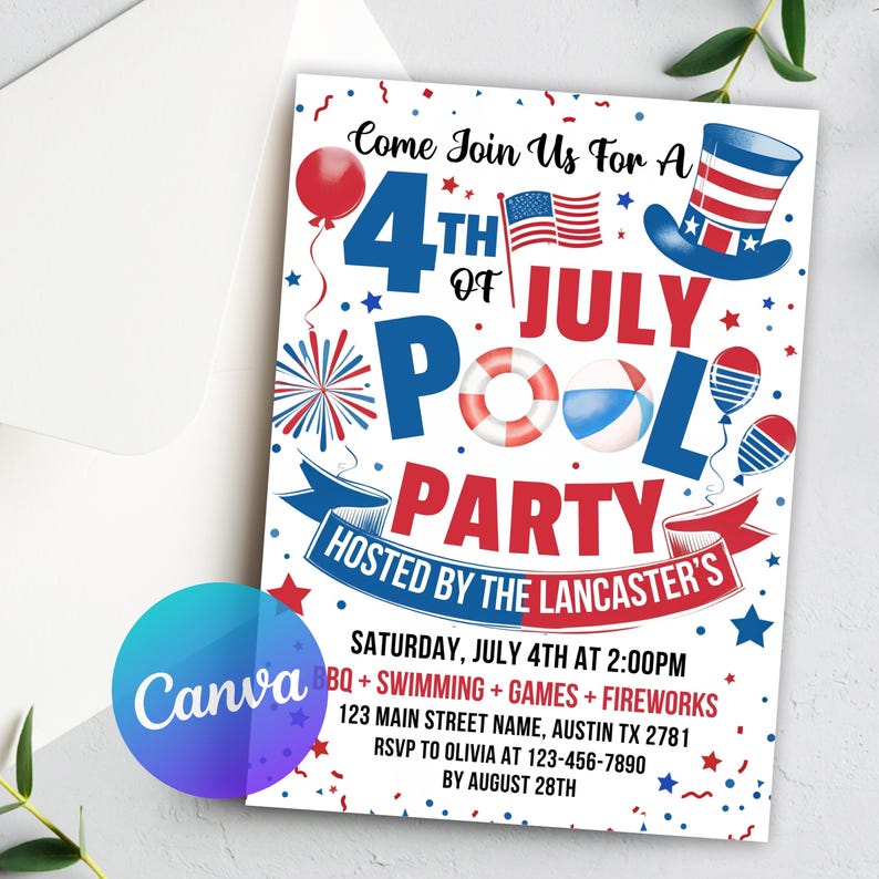 Editable Independence Day Pool Party Patriotic, 4th of July Pool Party ...