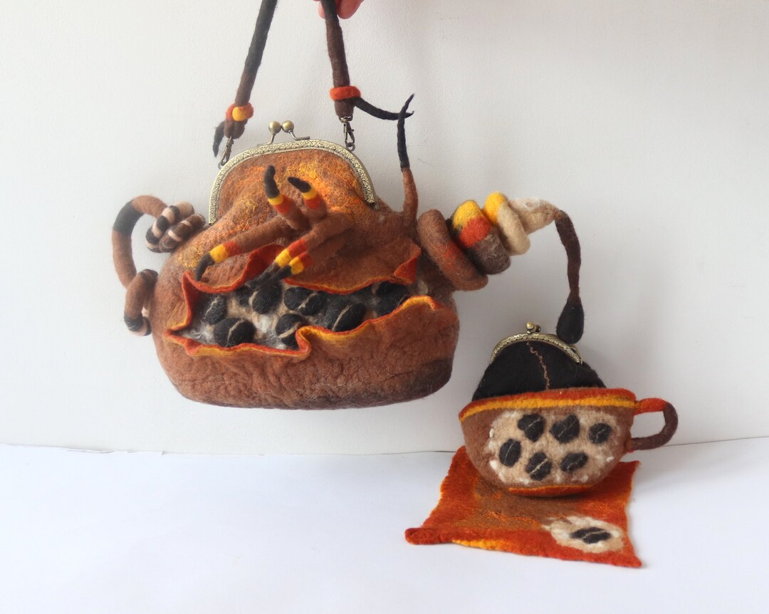 Felted Coffee Tea Set Teapot Purse Cup Coin Purse Africa Brown Handbag ...