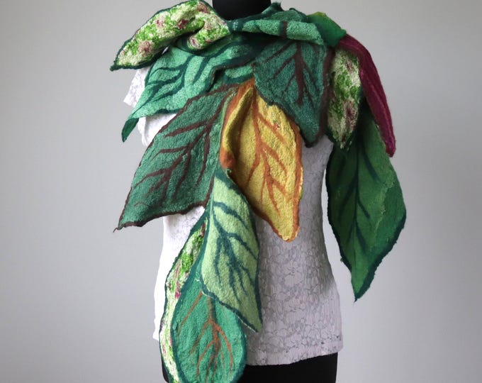 Nuno Felted Scarf Green Leaf Scarf Green Leaves Silk Scarf Autumn Women ...