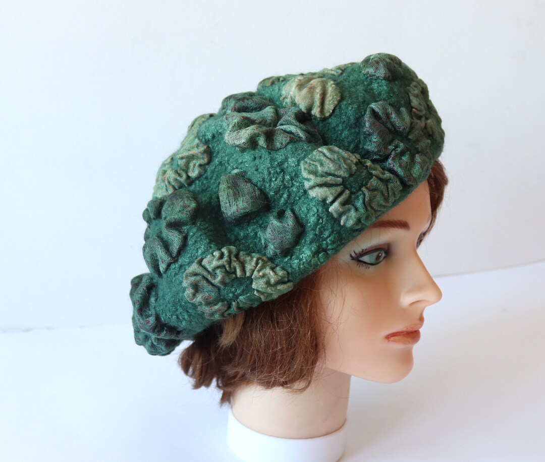 Felted Hat Green Wool Hat, Felt Autumn Fall Wool Hat, Wool Beret, Light Felt Hat Green Yellow ...