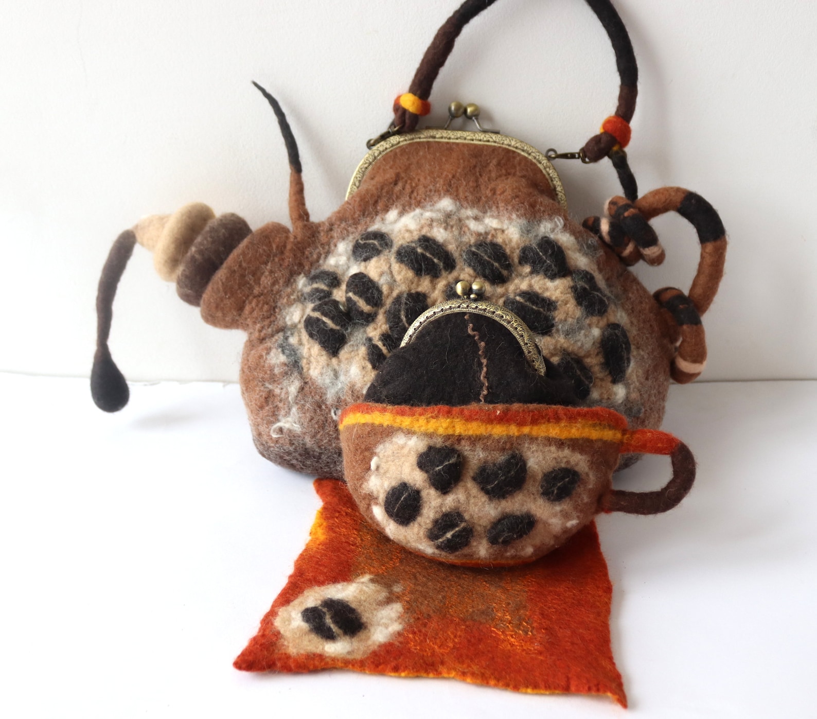 Felted Coffee Tea Set Teapot Purse Cup Coin Purse Africa Brown Handbag ...