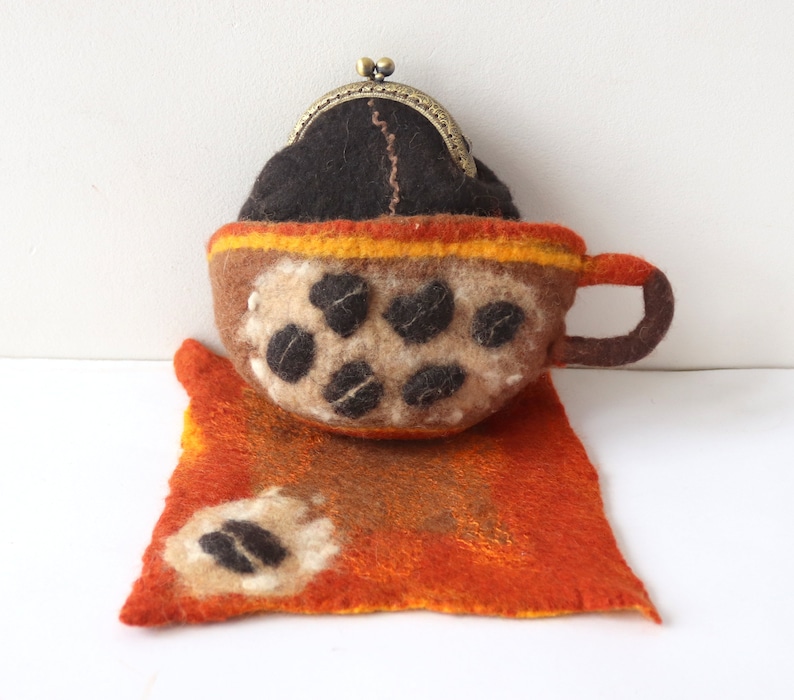 Felted Coffee Tea Set Teapot Purse Cup Coin Purse Africa Brown Handbag ...
