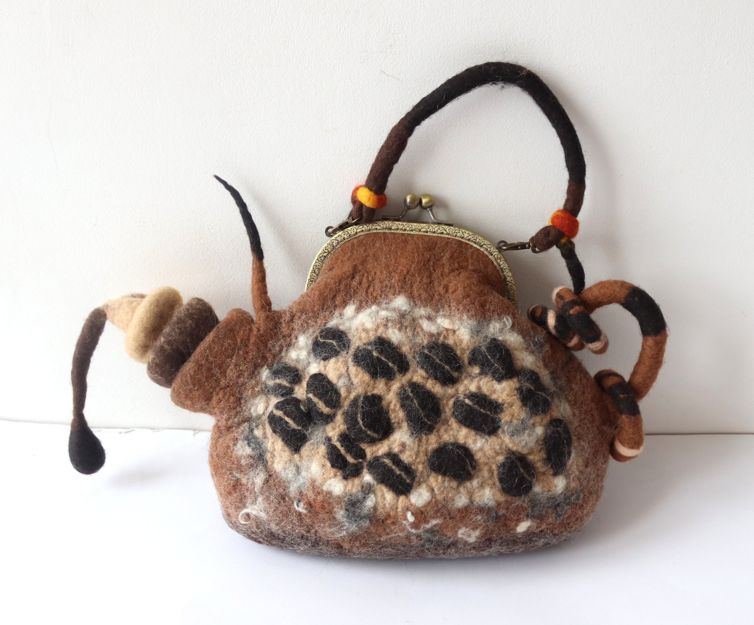 Felted Coffee Tea Set Teapot Purse Cup Coin Purse Africa Brown Handbag ...