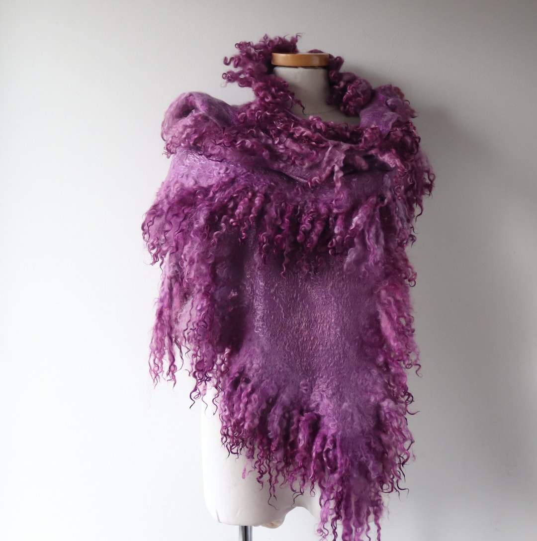 Felt Fur Curly Scarf Purple Hand Felted Scarf Pure Real Wool Fleece by ...