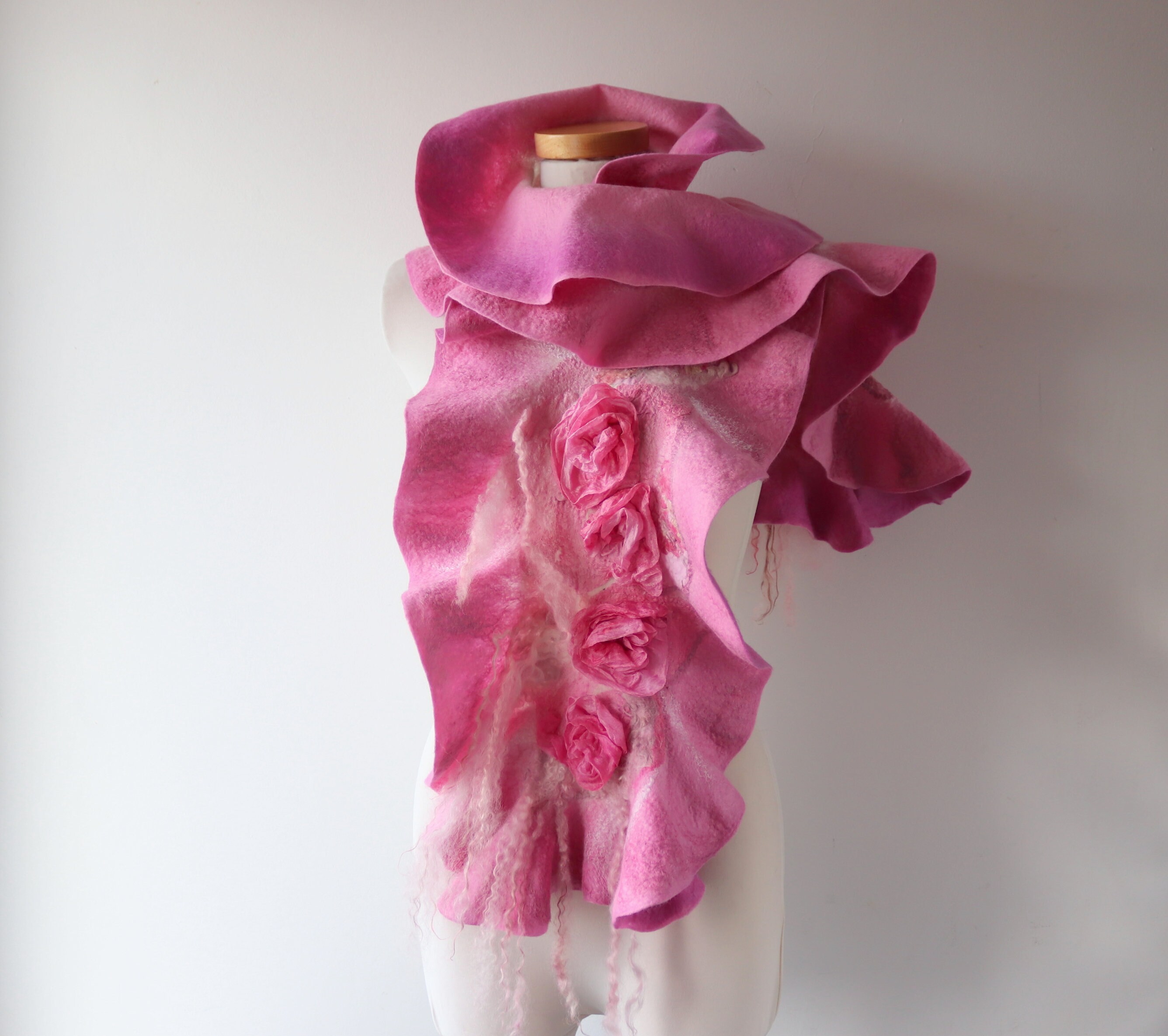 Felted scarf pink ruffle collar Pink women scarf Rose flower | Etsy