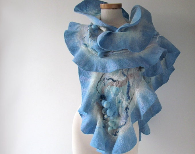 Felted Scarf Blue Ruffle Collar Felted Long Scarf Blue Women Scarf ...