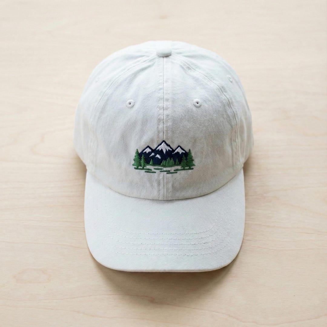 Embroidered Snowy Mountain Hat, Pine Forest Nature Wash Dad Cap, Alpine ...
