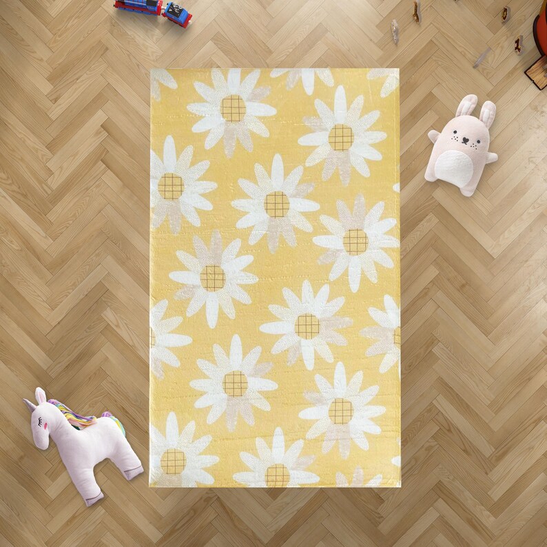 Yellow Daisy Kids Rug - Ultra-soft Washable Carpet for Playroom ...