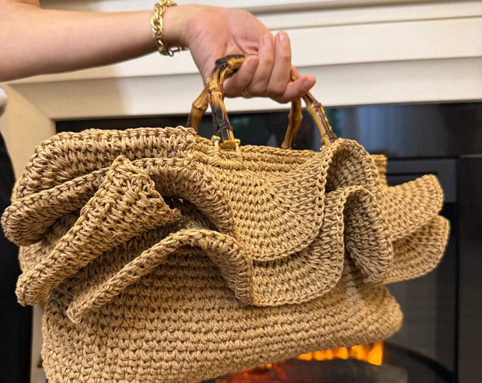 Natural Beige Ruffle Crochet Bag With Bamboo Handles – Handmade Raffia ...