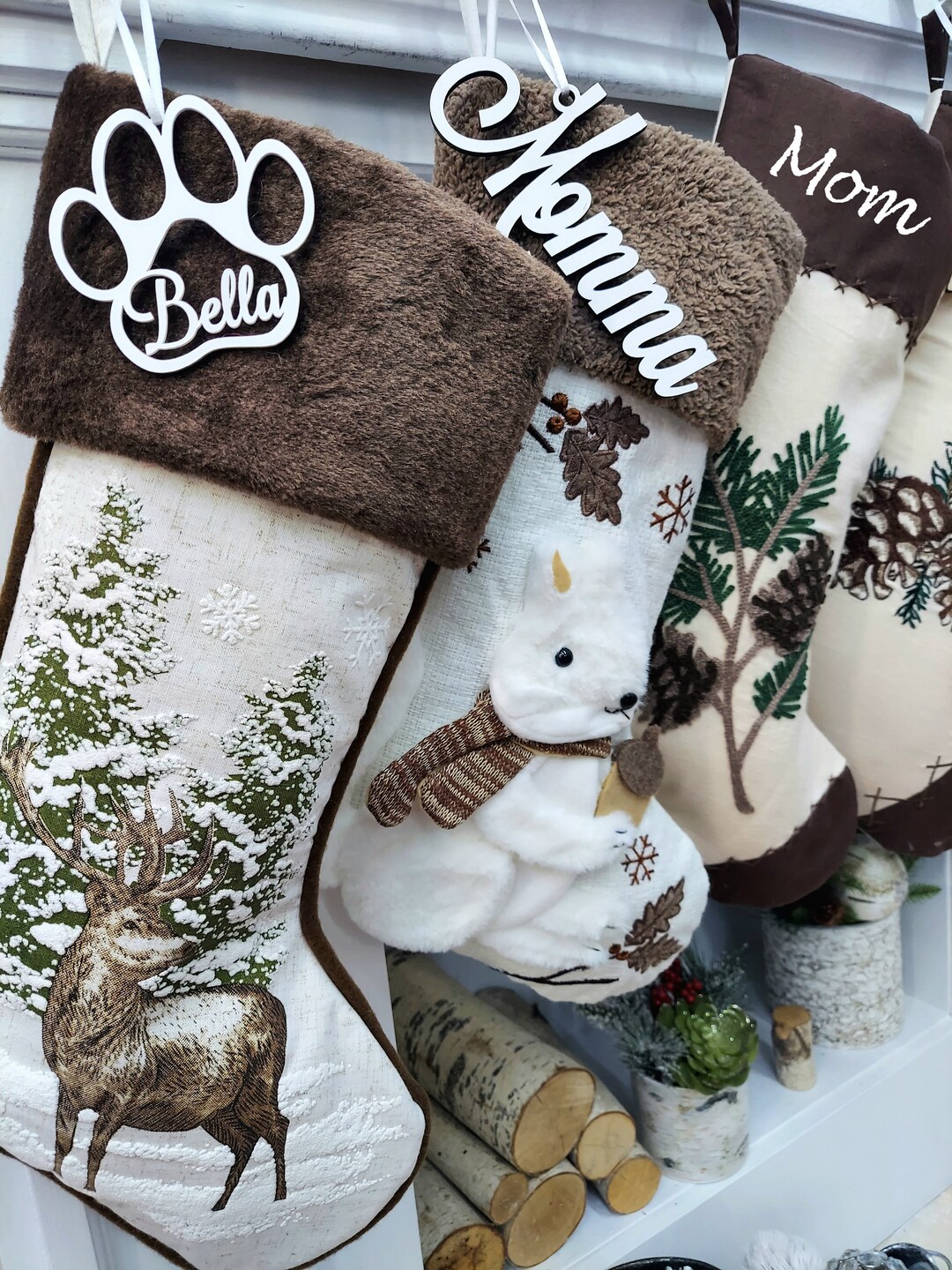 Woodland Lodge Deer Squirrel Fox Sherpa Christmas Stocking White Brown ...