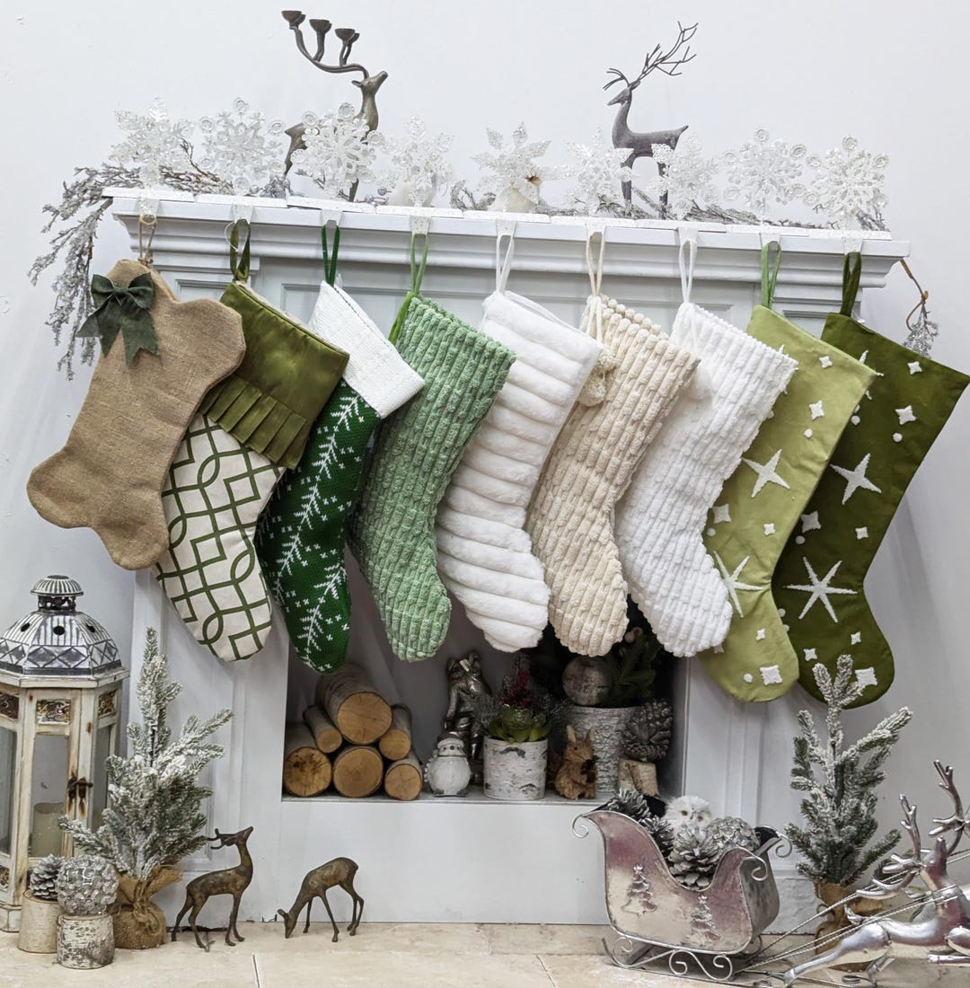Sage Christmas Stockings in Neutral Cream and Green and White Custom ...