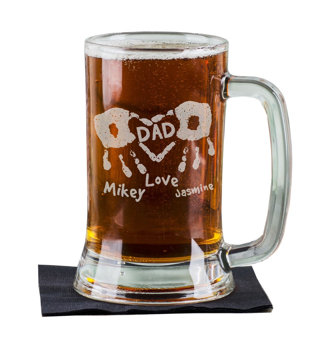 DAD Handprints Heart 16oz Personalized Beer Mug Etched With Kids Names ...