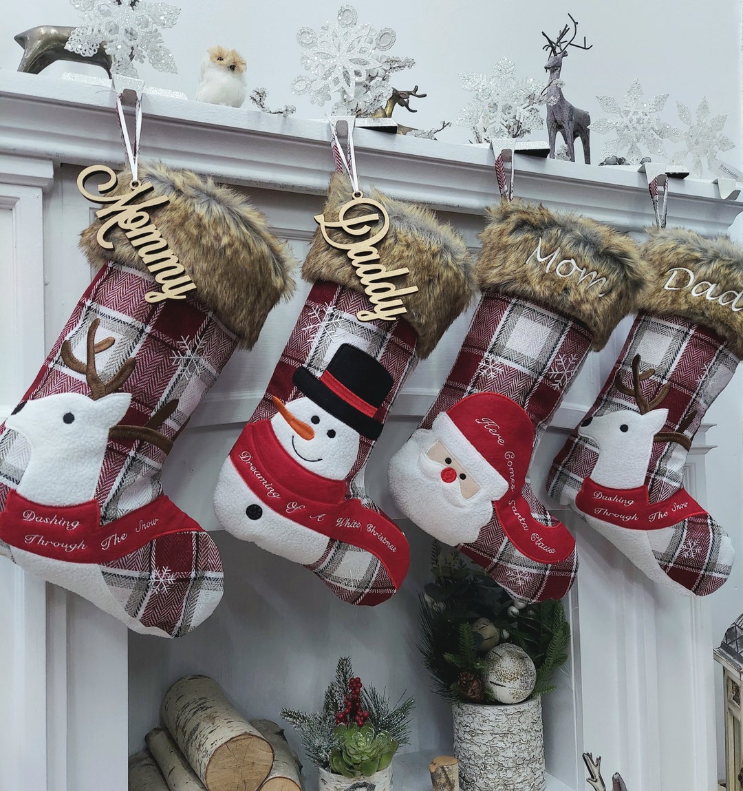 Whimsical Plaid Faux Fur Christmas Stockings Woodland Santa Snowman ...