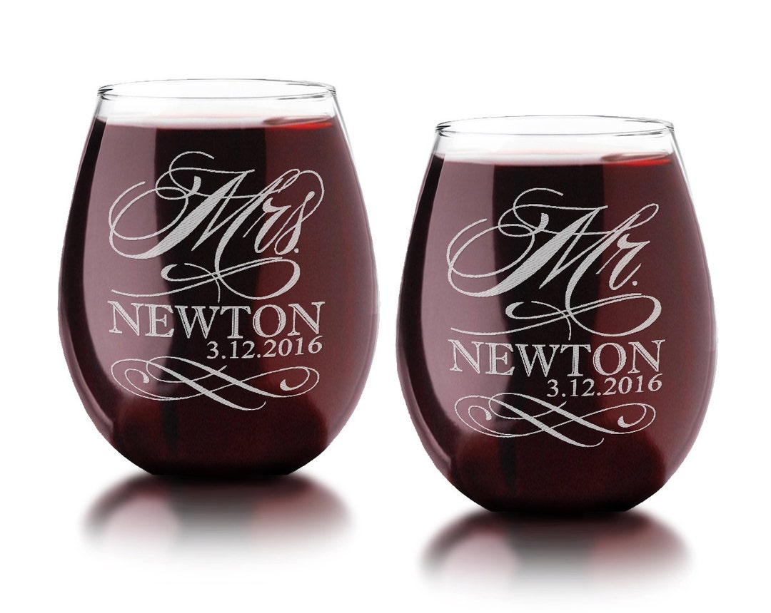 Set Of 2 Personalized Mr Mrs Stemless Wine Glasses Last Name And Date