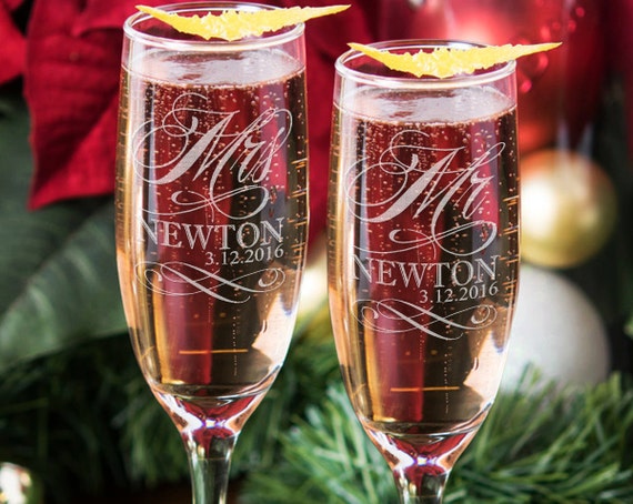 Mr And Mrs Champagne Glasses Set Of 2 Personalized Wedding Etsy