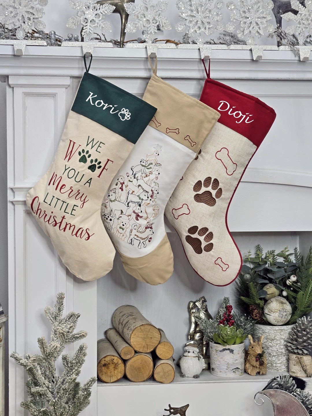 Personalized Dog Christmas Stockings With Embroidered Bones & Paws ...
