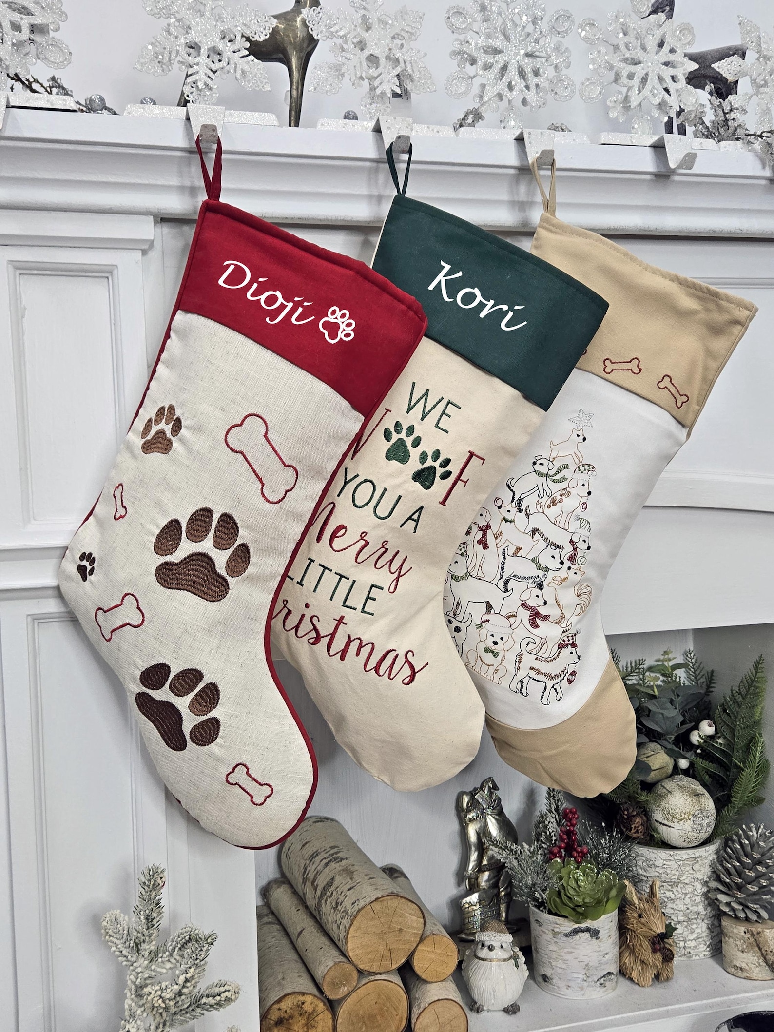 Personalized Dog Christmas Stockings With Embroidered Bones & Paws ...