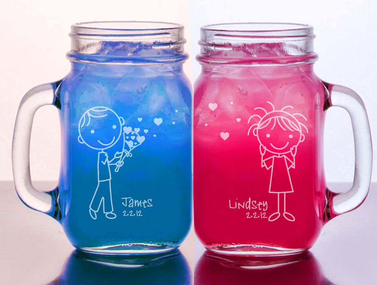Stick Figures Bouquet of Hearts Mason Jar Glasses Set of 2 - Etsy