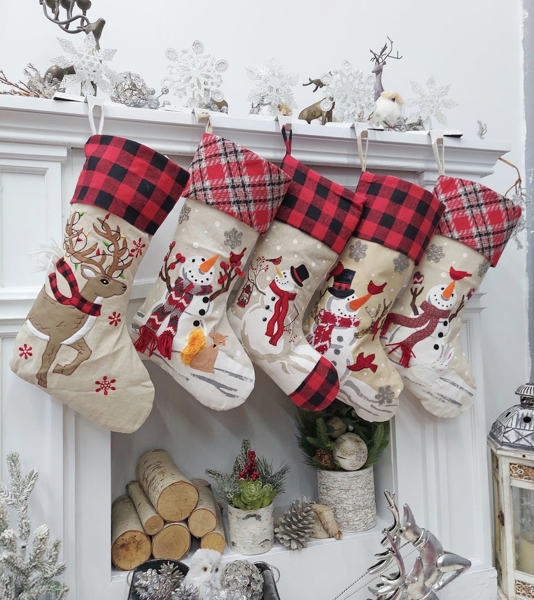 Winter Snowman & Festive Reindeer Christmas Stockings | Buffalo Plaid ...