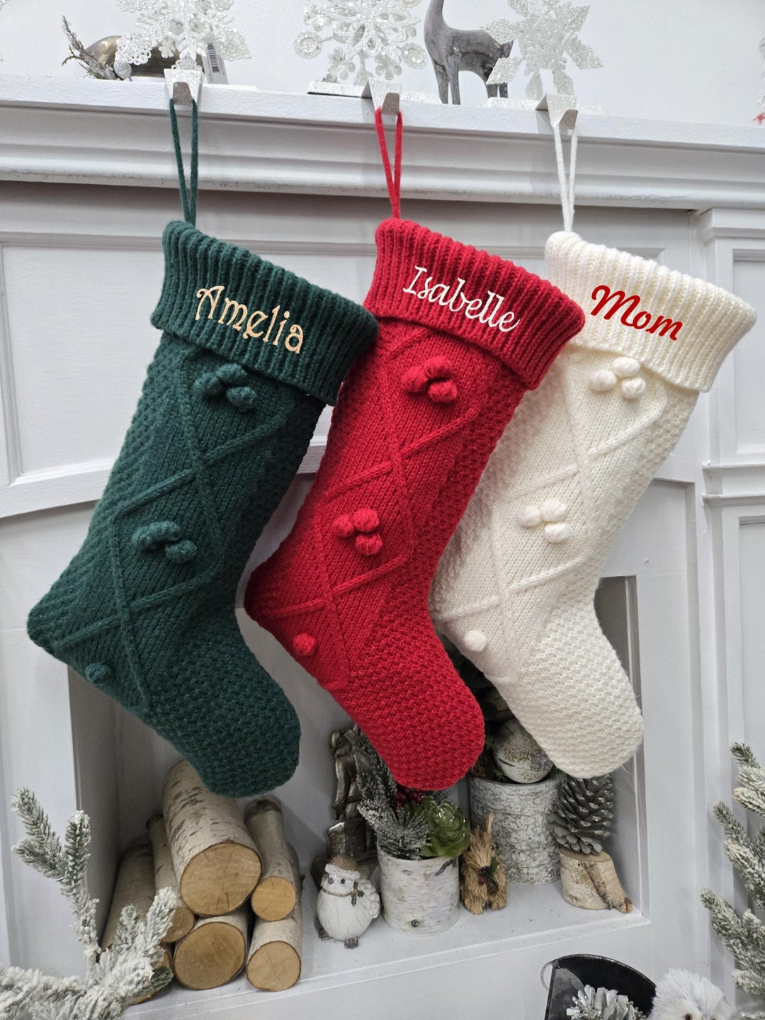 Diamond Cable Knit Christmas Stockings With Pom Poms| Deep Green Red ...
