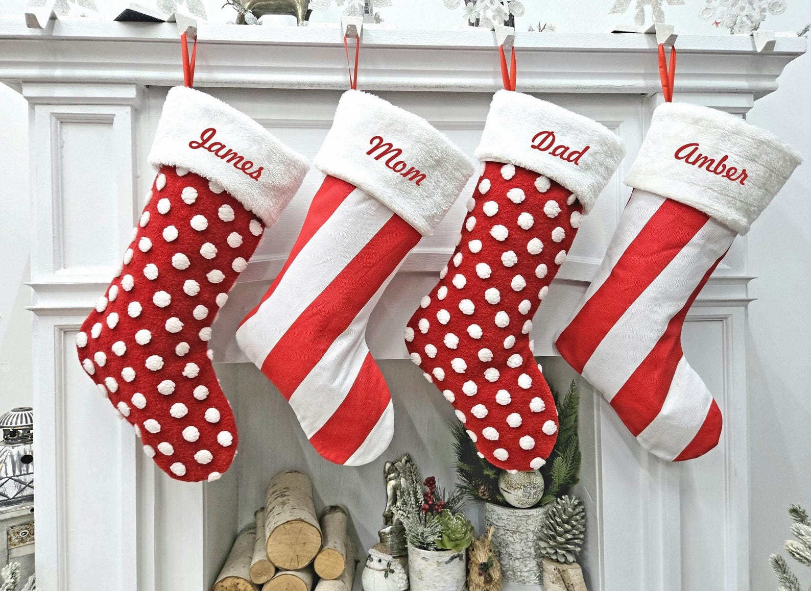 Candy Cane Themed Christmas Stockings Red White Polka Dots Striped Fun ...