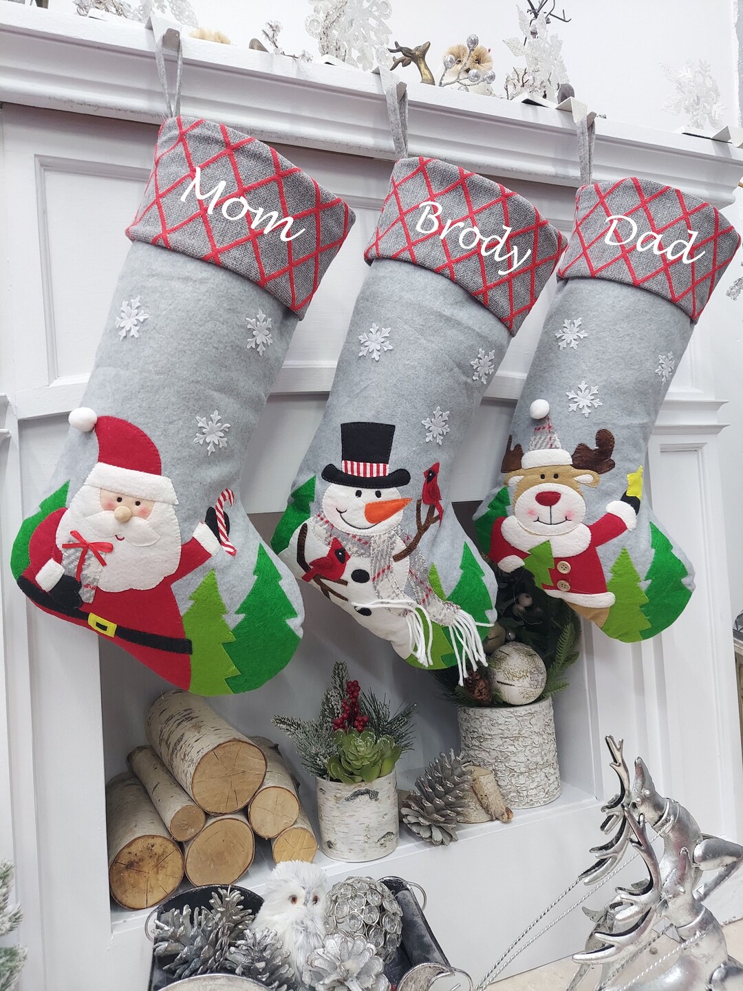 Whimsical Santa Snowman Reindeer Grey Christmas Stockings | Festive ...