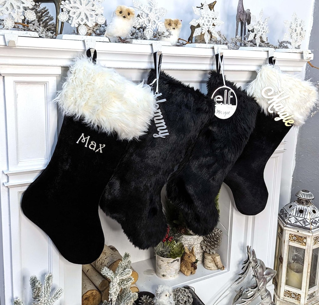 Black Christmas Stockings | Black Velvet White Fauxfur Cuff | All Black ...