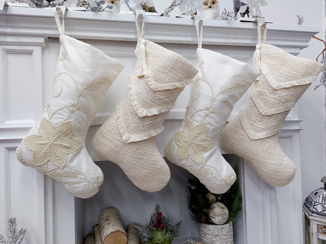 Elegant Ivory Christmas Stockings Beaded Pearls Textured Fringe ...