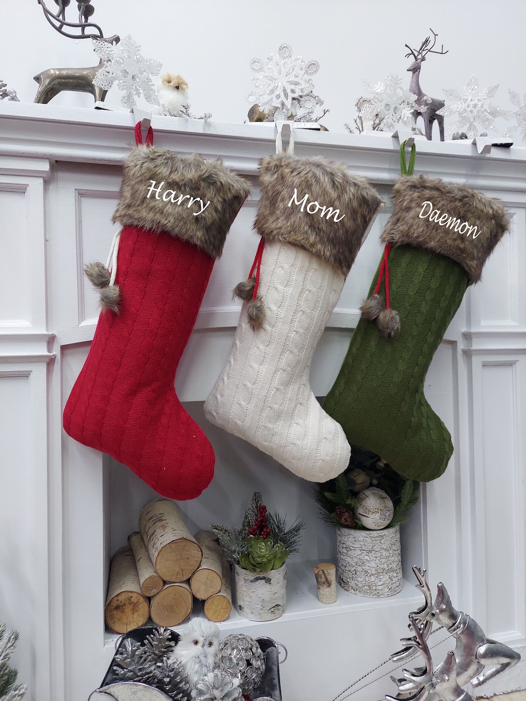 Cable Knit Christmas Stockings Red | Ivory | Olive | Faux Fur Pom Poms ...