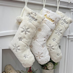 20" Fuzzy Plush Snowflake Christmas Stockings | Bright White Gold ...